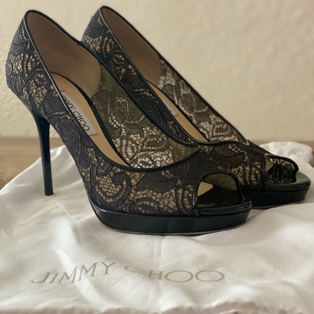 Jimmy Choo Black Luna Lace Platform Pumps Size Us10.5… - Gem